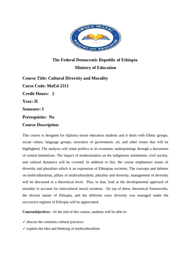 Cultural Diversity & Moralty (MoEd 2311) For Diploma | PDF | Multiculturalism | Ethiopia