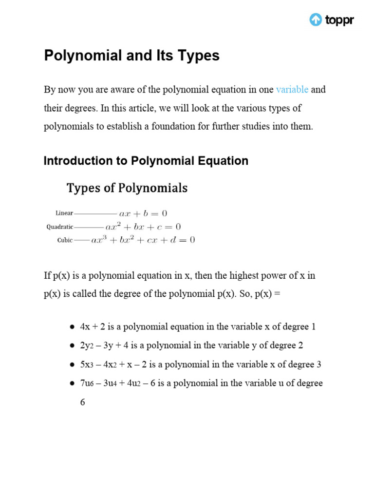 CBSE Class 10 Maths Chapter 2 Polynomials Revision Notes | PDF ...