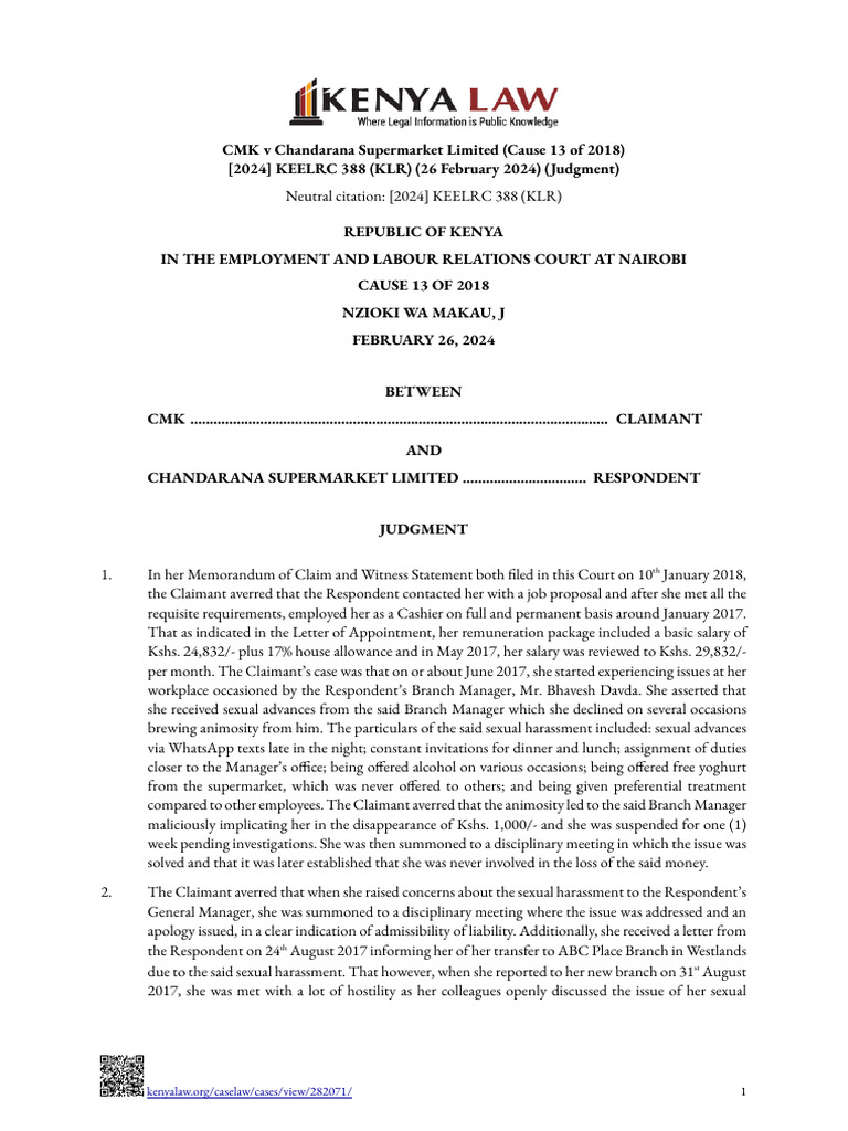 CMK V Chandarana Supermarket Limited (Cause 13 of 2018) (2024) KEELRC 388 (KLR) | PDF | Sexual ...