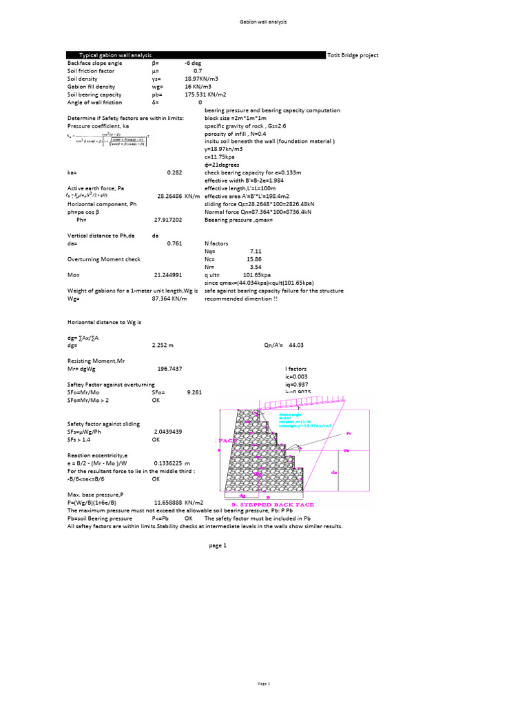 Gabion Wall Stability Analysis Report | PDF | Force | Pressure