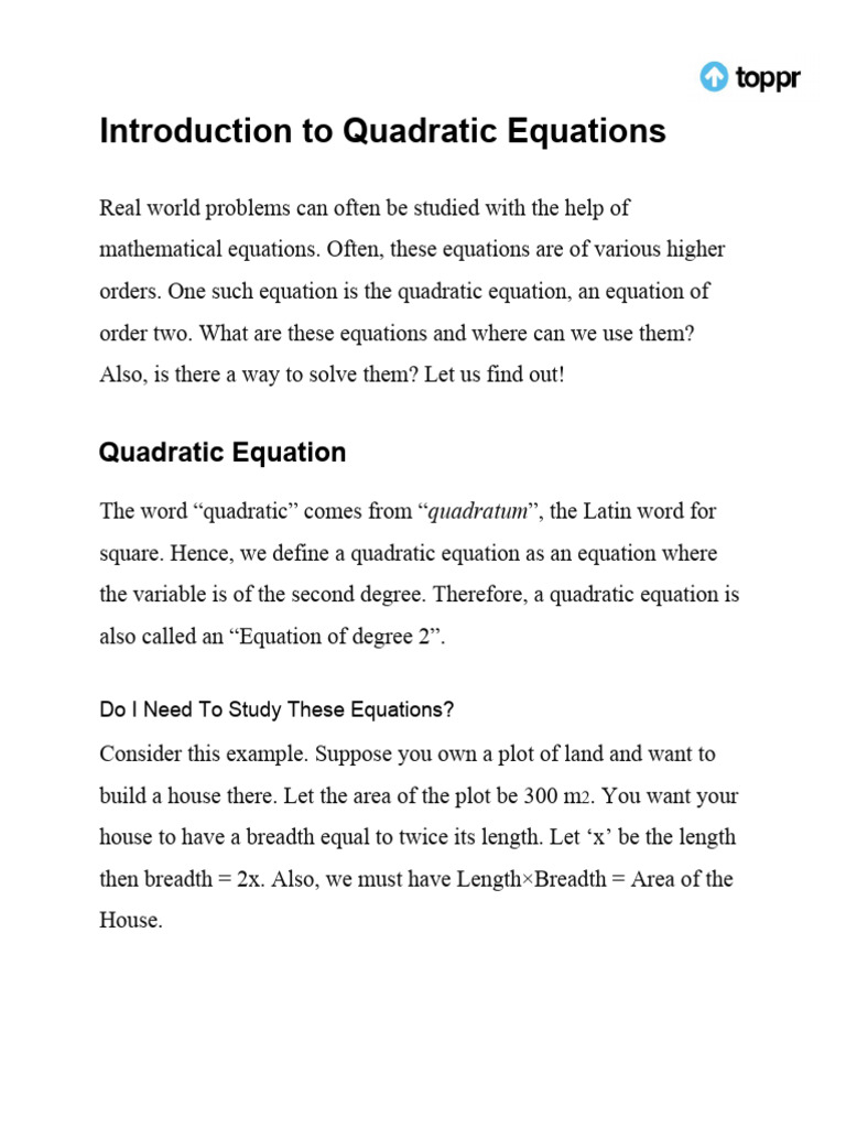 CBSE Class 10 Maths Chapter 4 Quadratic Equations Revision Notes | PDF ...