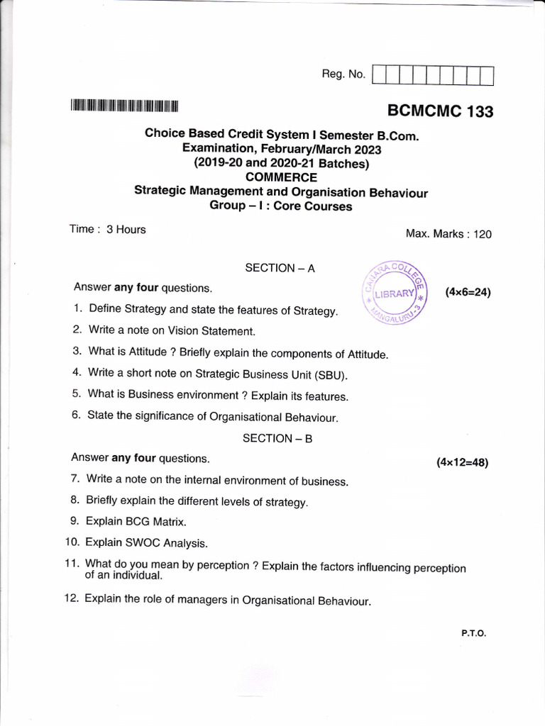 CBCS B.Com I Sem Strategic Mgt & Organisational Behaviour | PDF ...