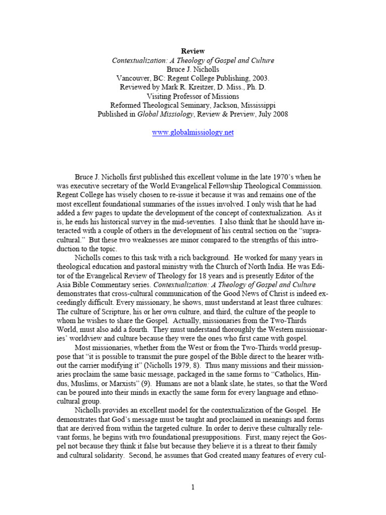 Contextualization A Theory of Gospel and Culture | PDF | Bible | Theology