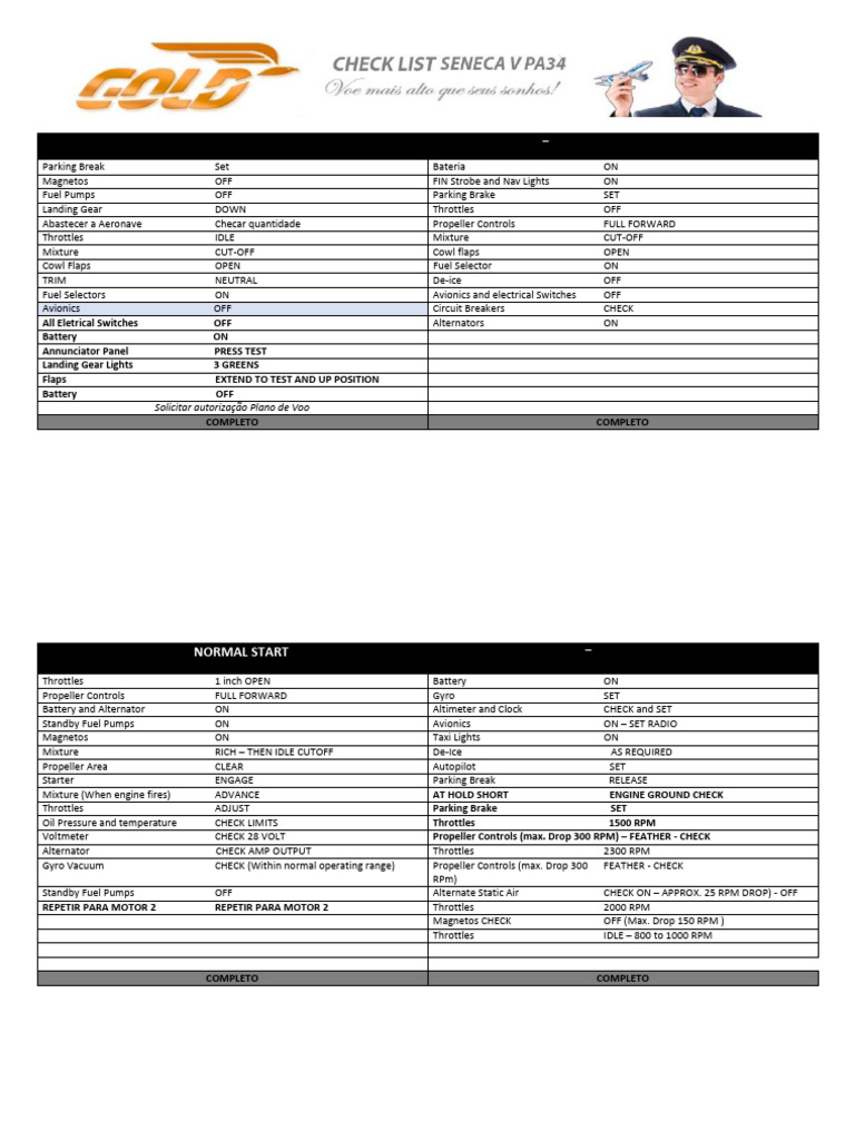 Checklist Pa34 Seneca V - Gold Virtual Airlines | PDF | Takeoff | Throttle