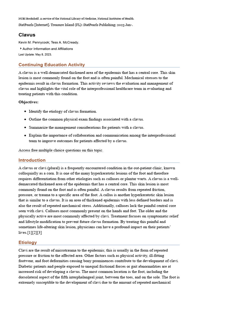 Clavus: Evaluation and Management Guide | PDF | Skin | Clinical Medicine