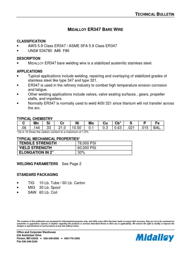 Midalloy ER347 Bare Wire Overview | PDF | Secondary Sector Of The ...