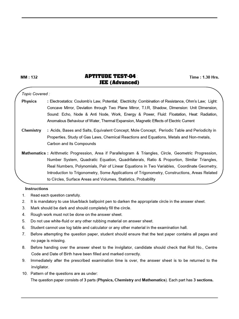 Aakash CoE JEE Advanced Test Paper 04 | PDF | Mathematics