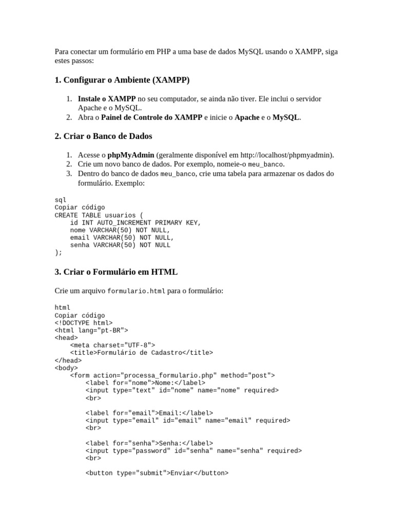 Para Conectar Um Formulário em PHP A Uma Base de Dados MySQL Usando o XAMPP | PDF | Bancos de ...