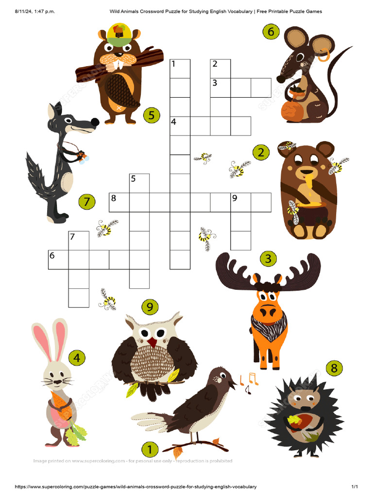 Wild Animals Crossword Puzzle For Studying English Vocabulary - Free ...