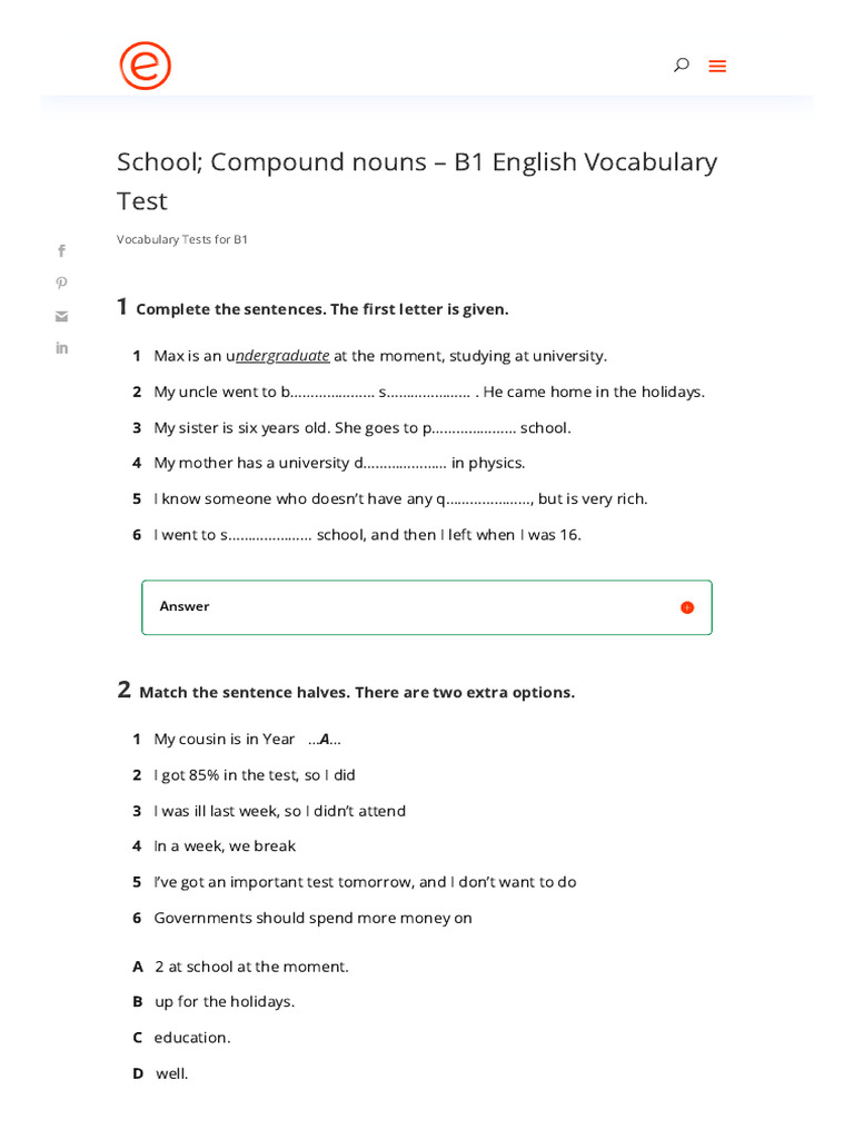 B1 Compound Nouns Practice Test | PDF | English Language | Languages