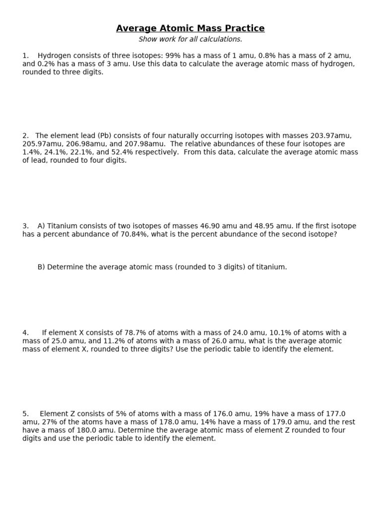 Average Atomic Mass Extra Practice | PDF | Teaching Methods & Materials ...