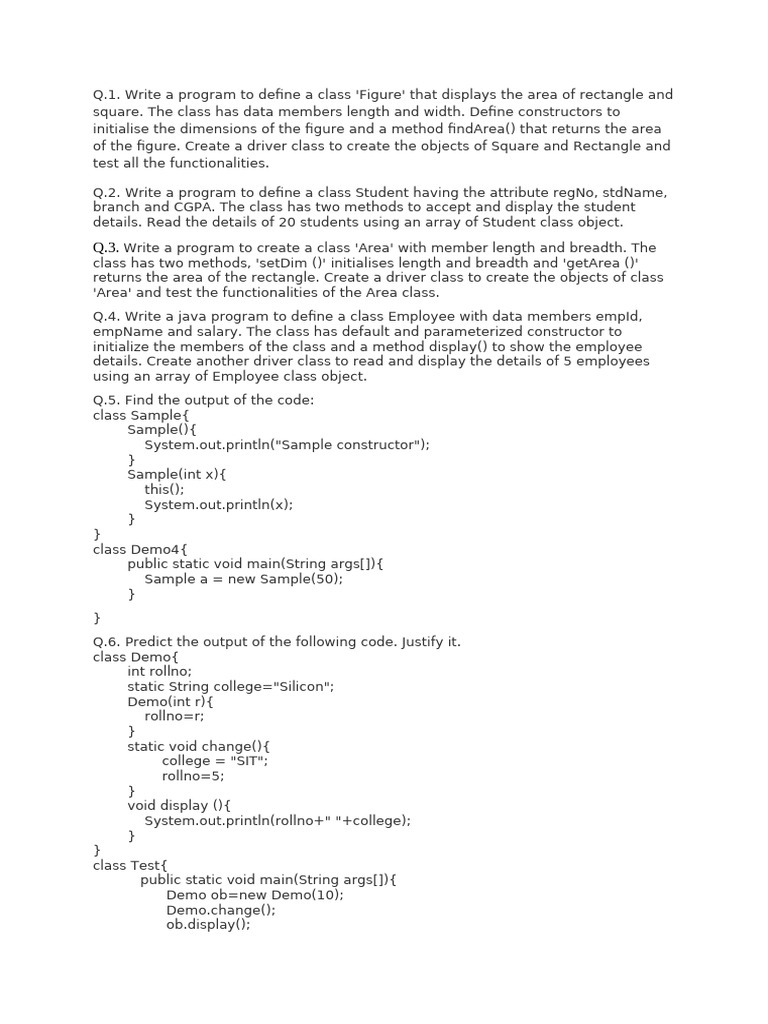 Java Questions | PDF | Method (Computer Programming) | Constructor ... Java Questions | PDF | Method (Computer Programming) | Constructor ...