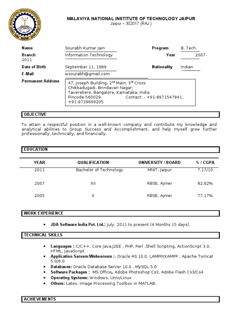 Resume Sourabh Jain (MNIT Jaipur) | PDF | Scripting Language | Unix ...