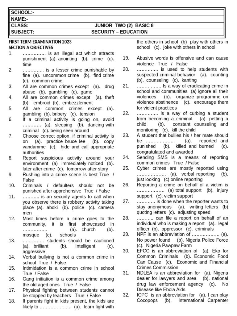 Security Edu JS2 Exam 1ST Term | PDF | Crimes | Crime & Violence