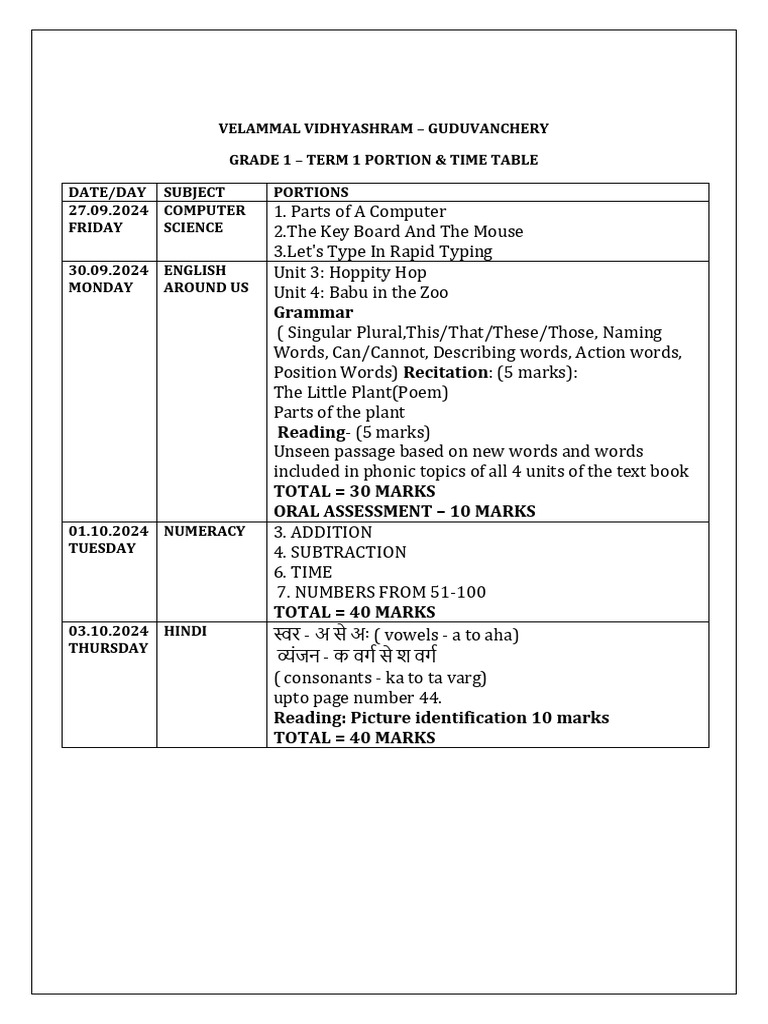VVG PP - Term1 - Grade 1 Time Table | PDF
