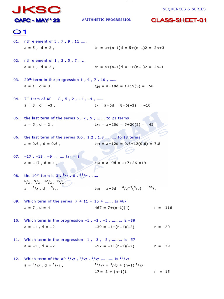 1. Sequences & Series - AP - Class Sheet 1-Soln | PDF | Mathematics | Elementary Mathematics