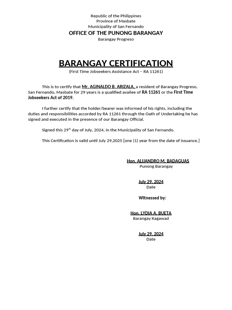 Barangay Certification | PDF