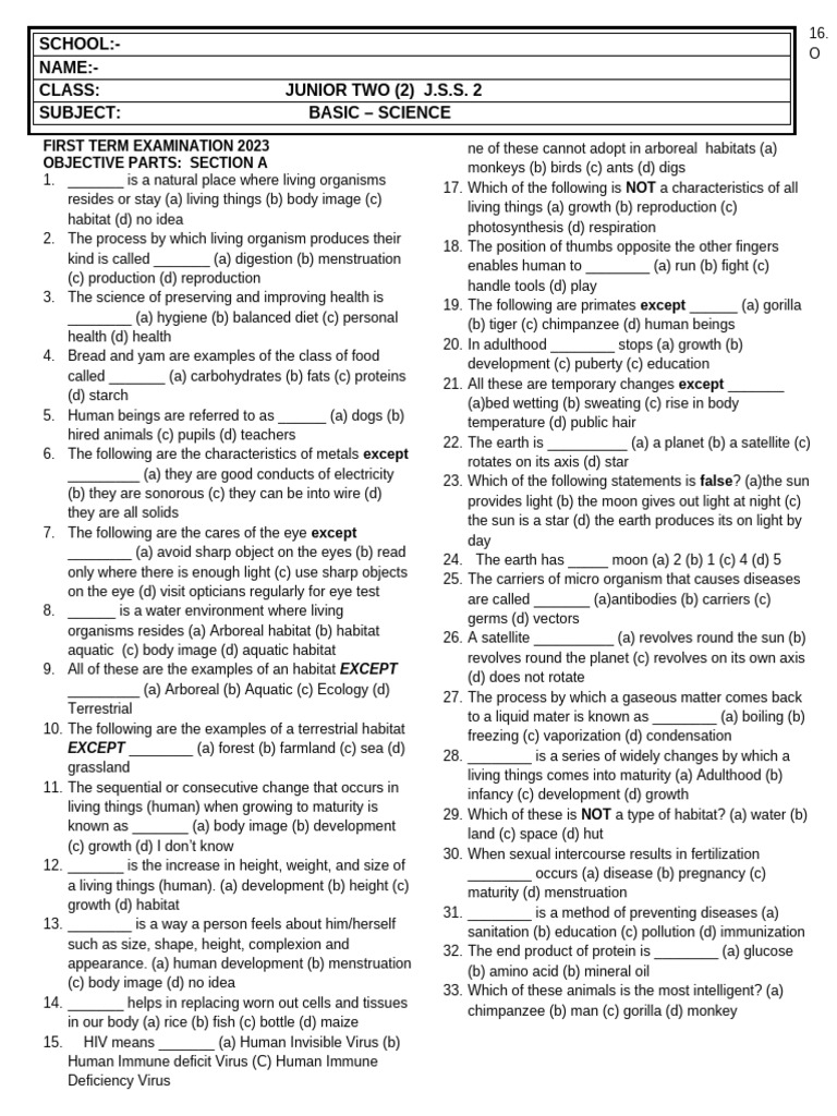 JSS2 Basic Science First Term Exam | PDF | Adolescence | Self Esteem
