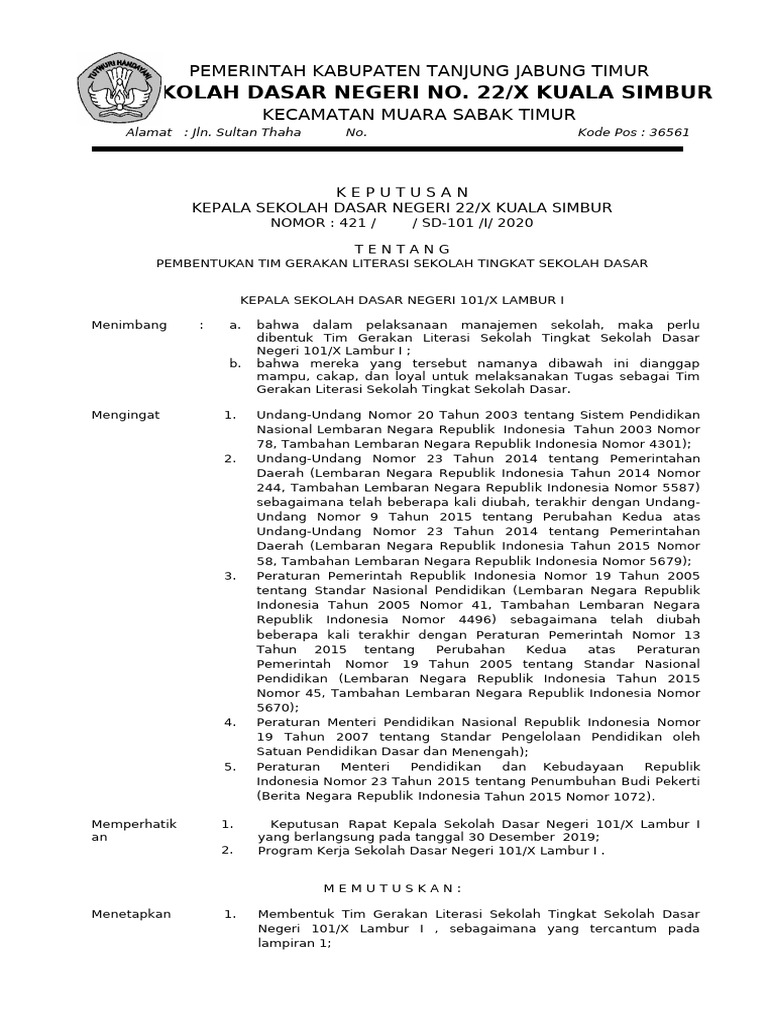 SK Penetapan Tim PPK, Literasi, Uks | PDF