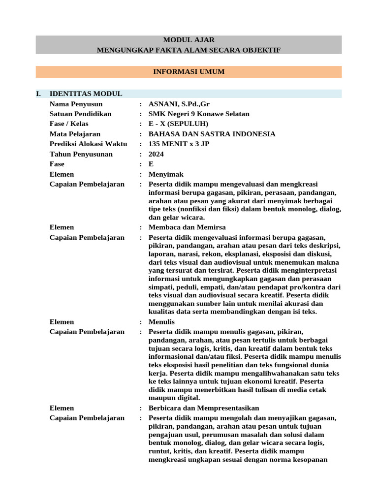 Modul Ajar Bahasa Indonesia Kelas 10 SMA Fase E BAB 1 | PDF | Karier ...