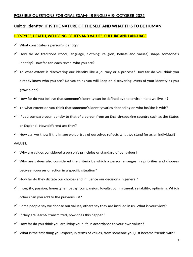 IB English B Oral Exam Questions | PDF | Identity (Social Science ...
