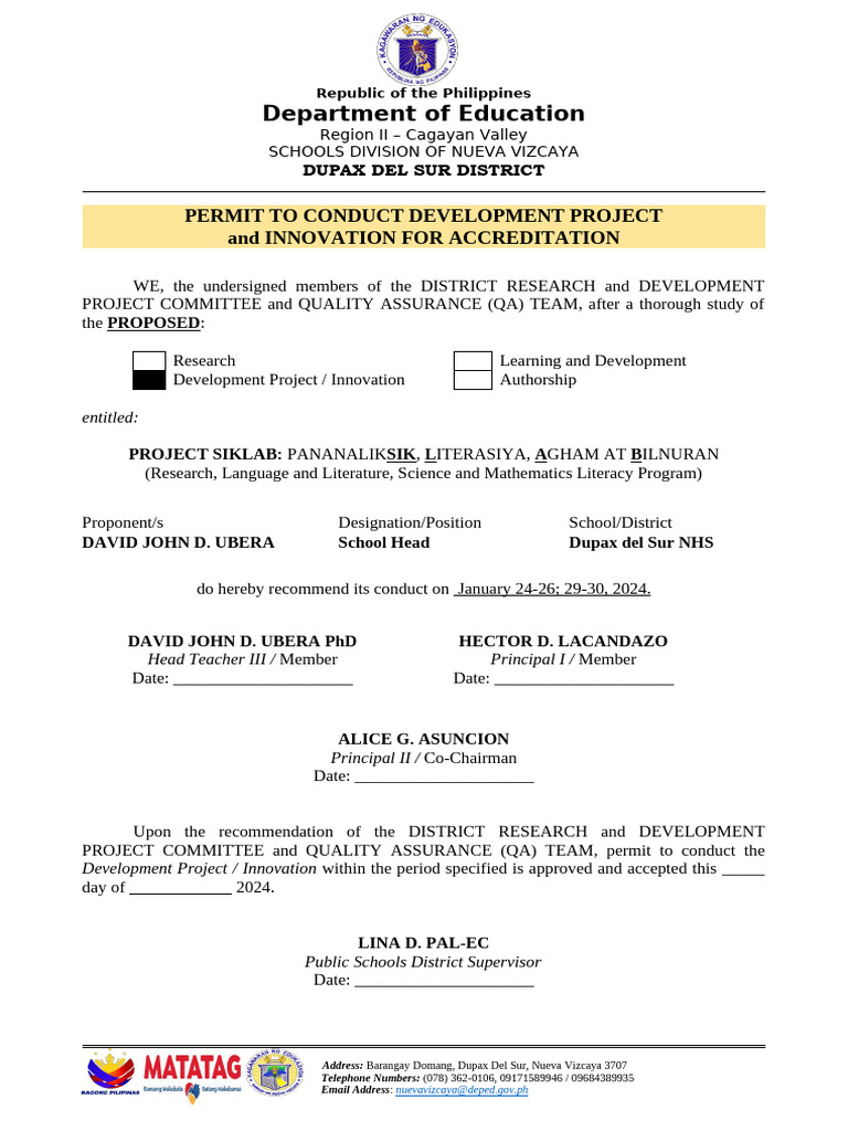 PERMIT and ACCEPTANCE - Development Project and Innovation | PDF