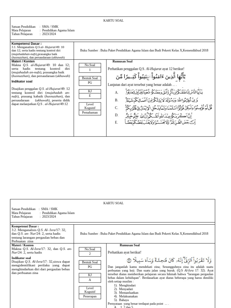 Kartu Soal 35 Us Pai 2024 Kurmer | PDF
