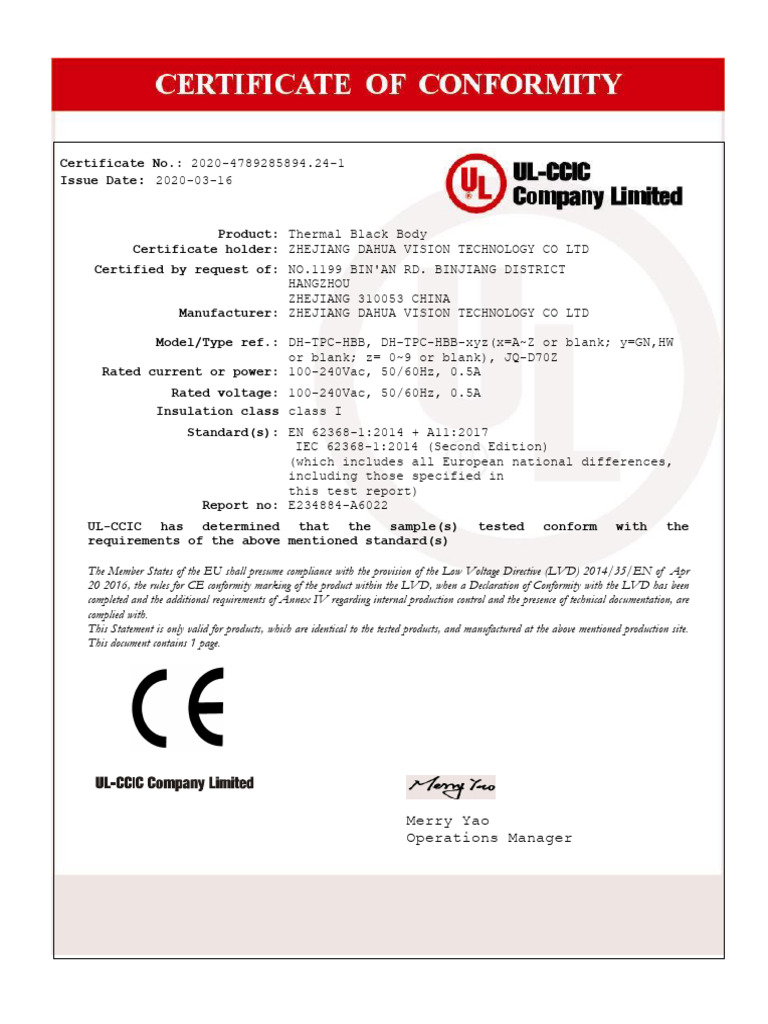 Dahua Thermal Black Body CE Certificate | PDF