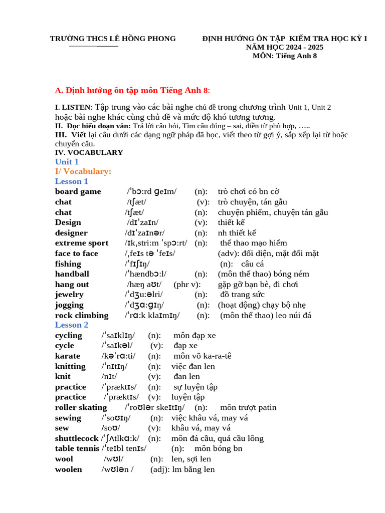 De Cuong On Tap GHK I - Tieng Anh 8 | PDF