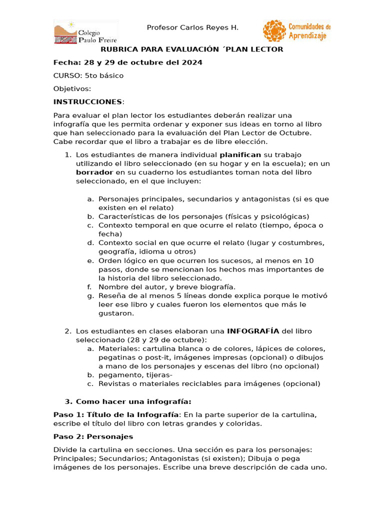 RUBRICA PARA EVALUACIÓN - Plan Lector Octubre 5to Básico | PDF | Infografia