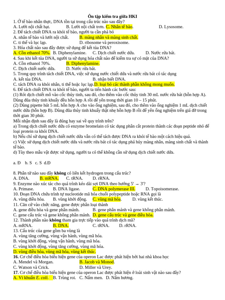 Ôn tập kiểm tra giữa HKI | PDF