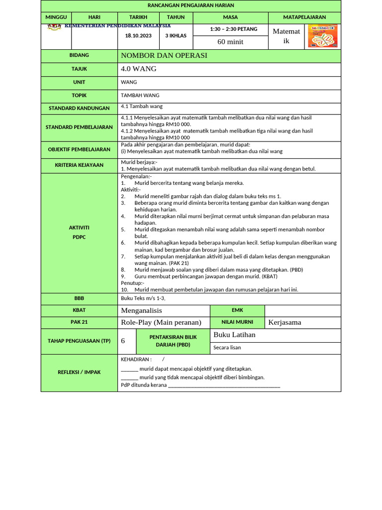 RPH MT THN 3 Tajuk 4 (m19-m23) 3k | PDF
