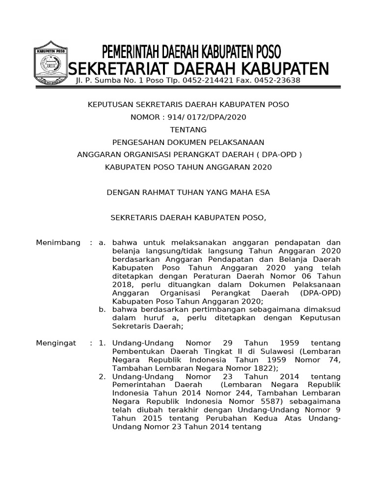 SK Pengesahan DPA OPD TA 2020 | PDF