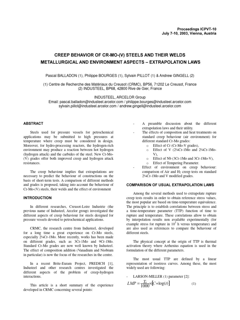 Paper - Creep Behavior of CrMoV Steels | PDF | Creep (Deformation ...