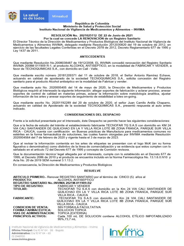 RS Alcohol Antiseptico 73.7mL Sol Topico Invima | PDF | Medicamentos ...