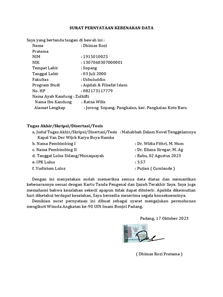 Surat Pernyataan Kebenaran Data Wisuda 90 | PDF