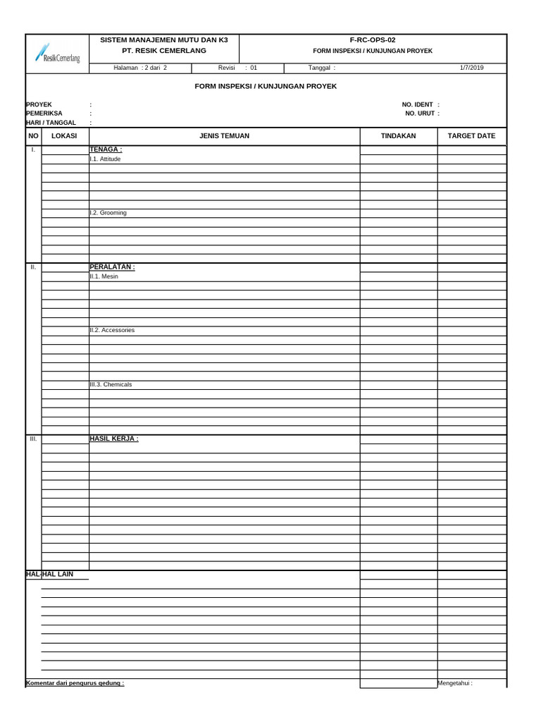 F RC OPS 02 Form Inspeksi Proyek Copy 1 | PDF | Bisnis