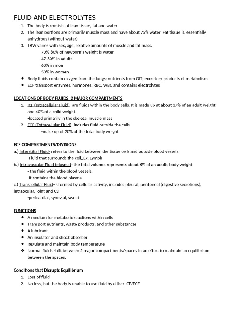1 Fluid and Electrolytes Notes 1 | PDF | Kidney | Electrolyte