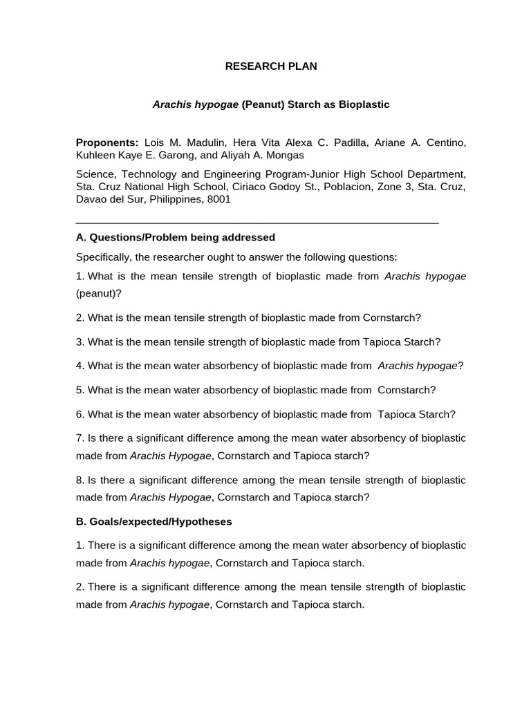 Peanut Starch Bioplastic Research Plan | PDF | Corn Starch | Physical ...