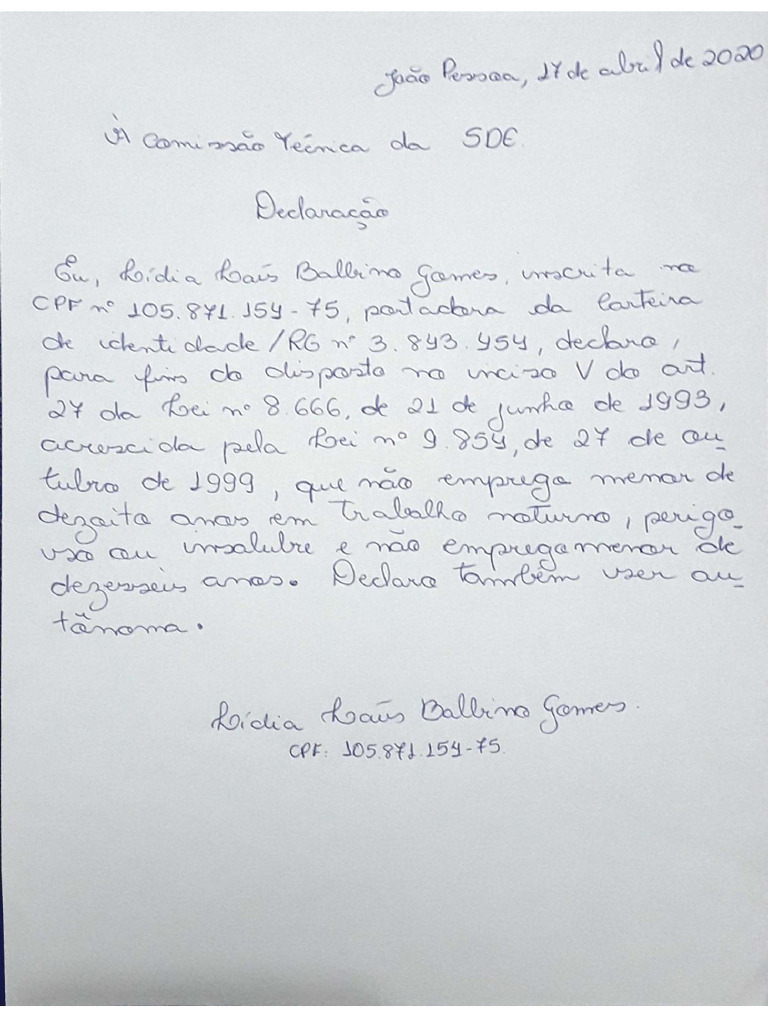 Declaração de Proprio Punho | PDF