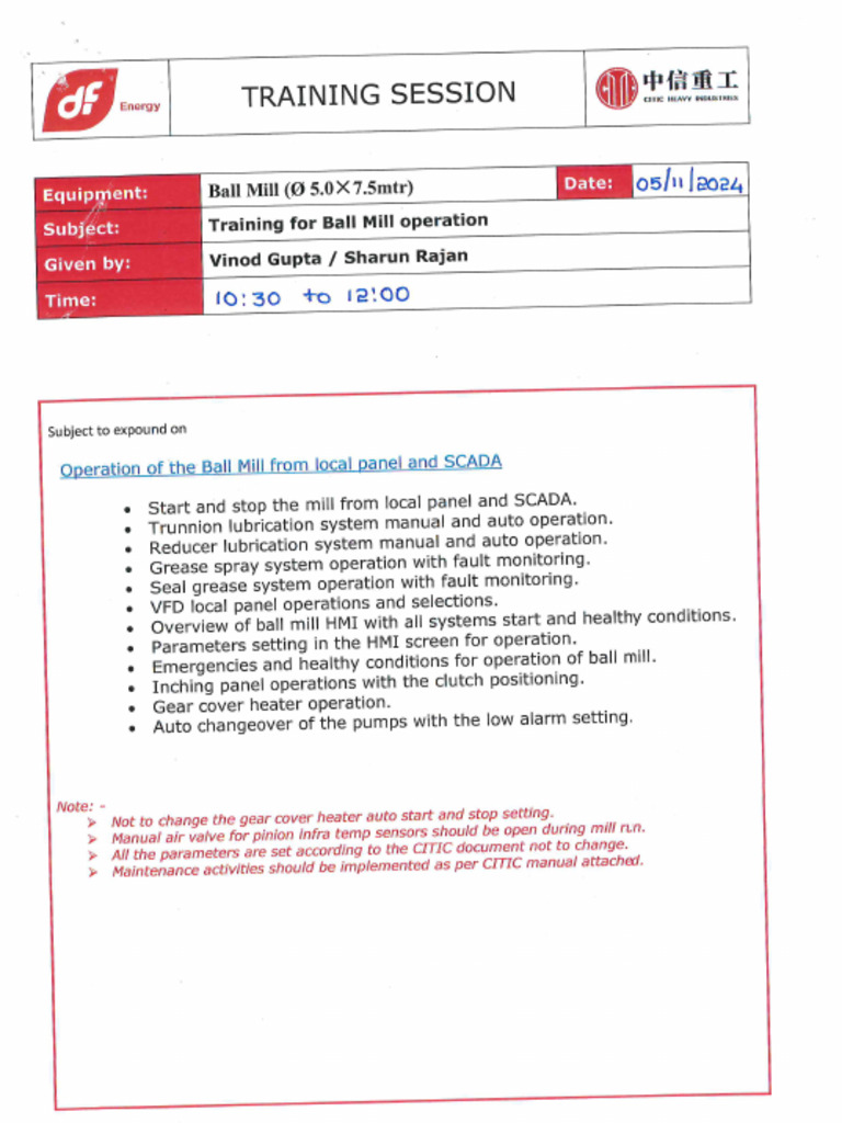 Training For Ball Mill Operation | PDF