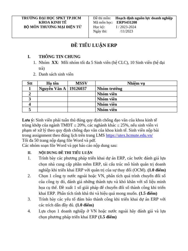 Đề Tiểu Luận ERP 2023 - 2024 HK1 | PDF