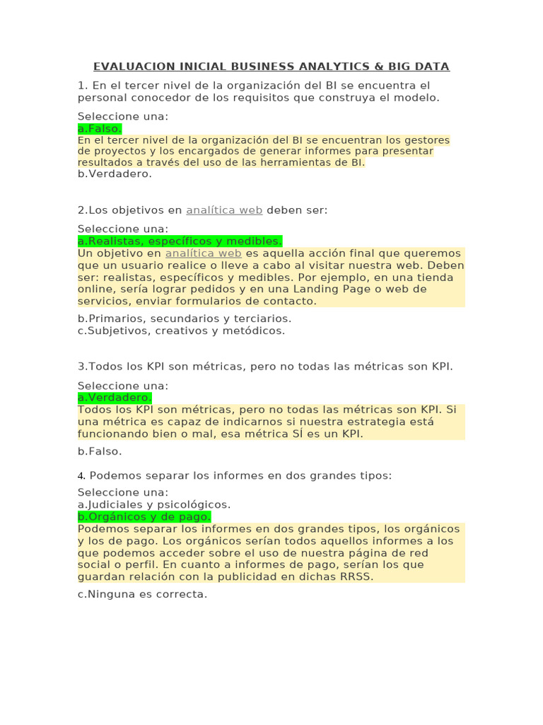 Eval Inicial (I) - Business Analyt & BigData | PDF | Negocios