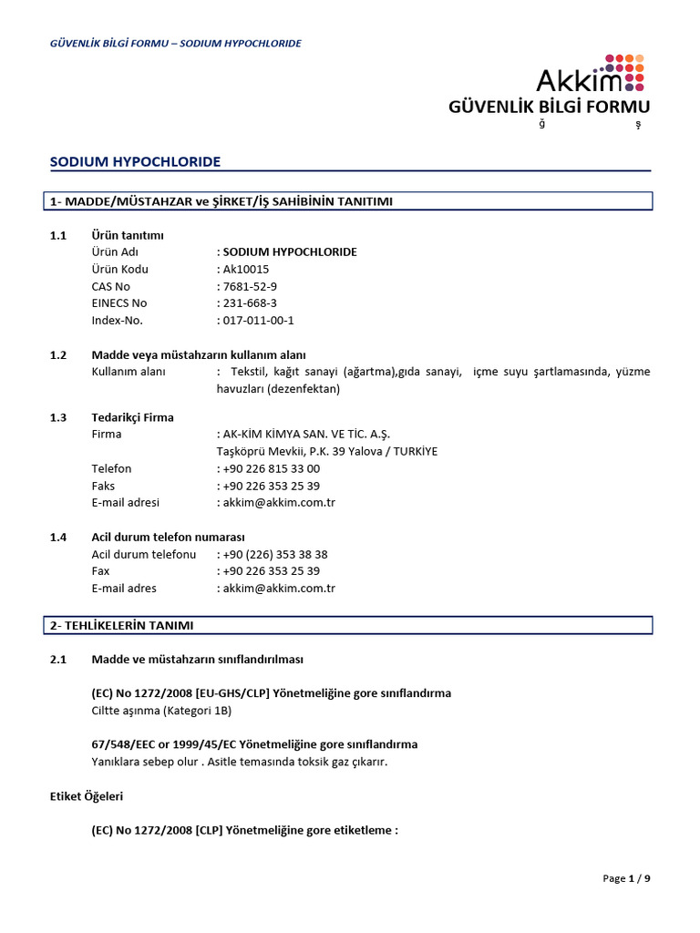 Sodium Hypochloride - CLP MSDS-TR | PDF
