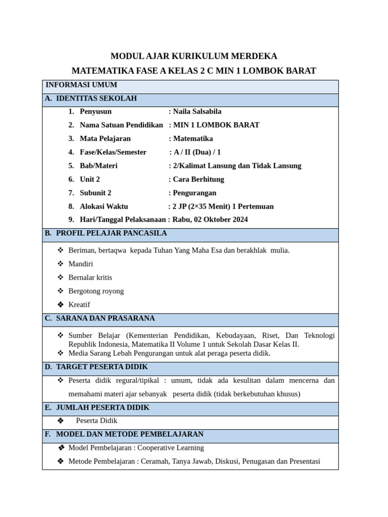 Modul Ajar MTK Kls 2 | PDF