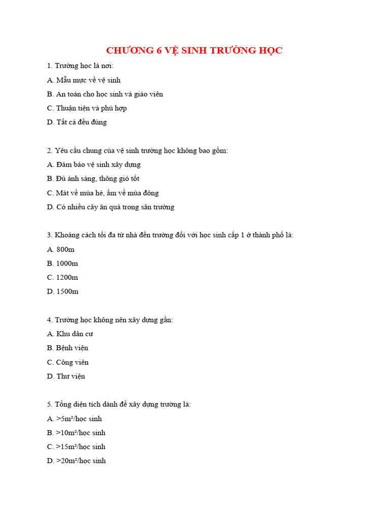 CHƯƠNG 6 VỆ SINH TRƯỜNG HỌC (TN) | PDF