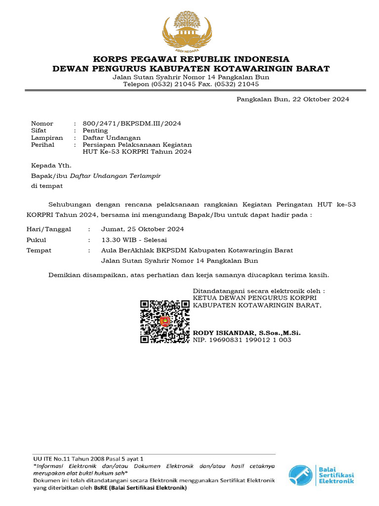 Surat Undangan Persiapan HUT KORPRI Tahun 2024-Ok | PDF