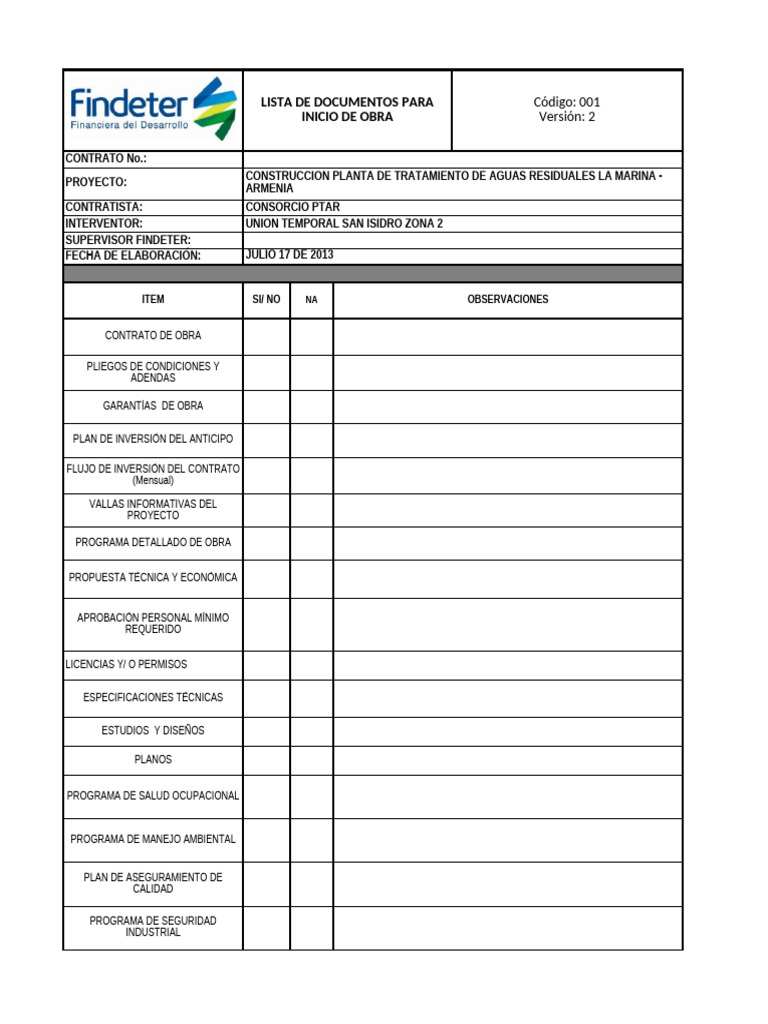 001 Lista de Chequeo Inicial ARM | PDF