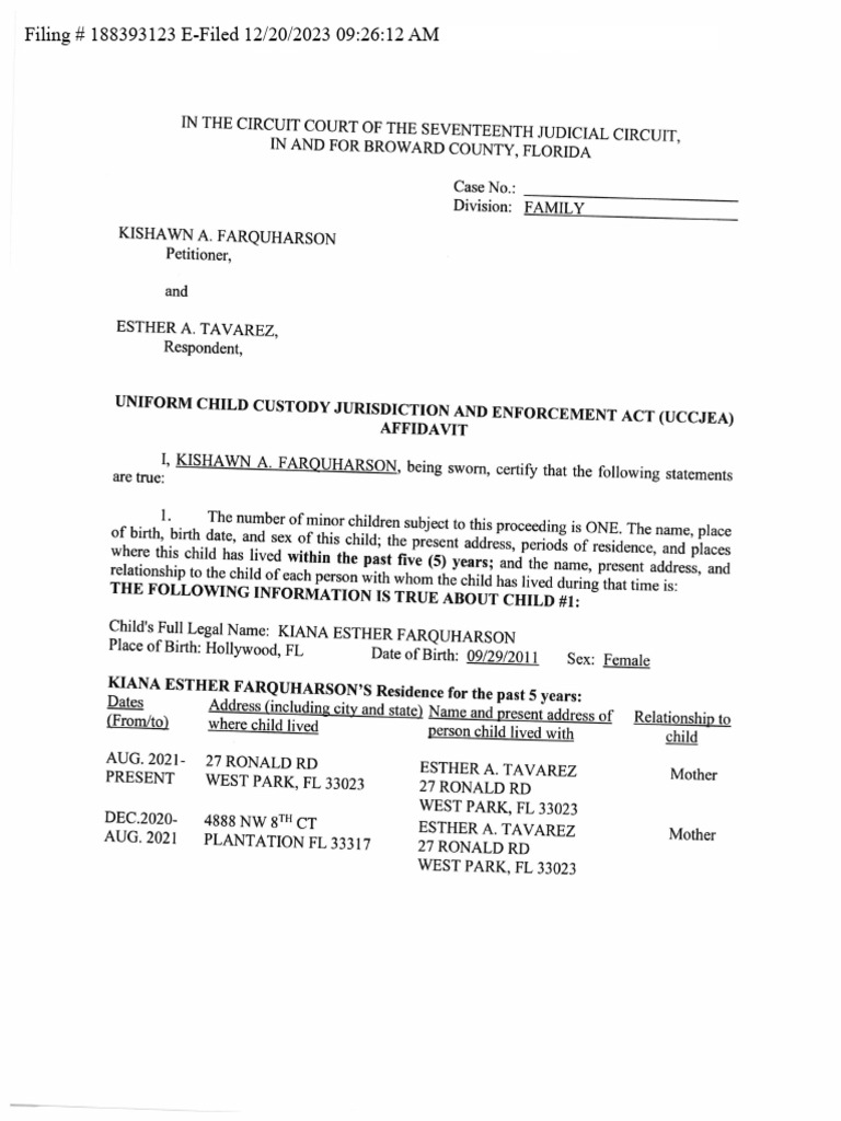 Uniform Child Custody Jurisdiction and Enforcement Affidavit (Uccjea) | PDF