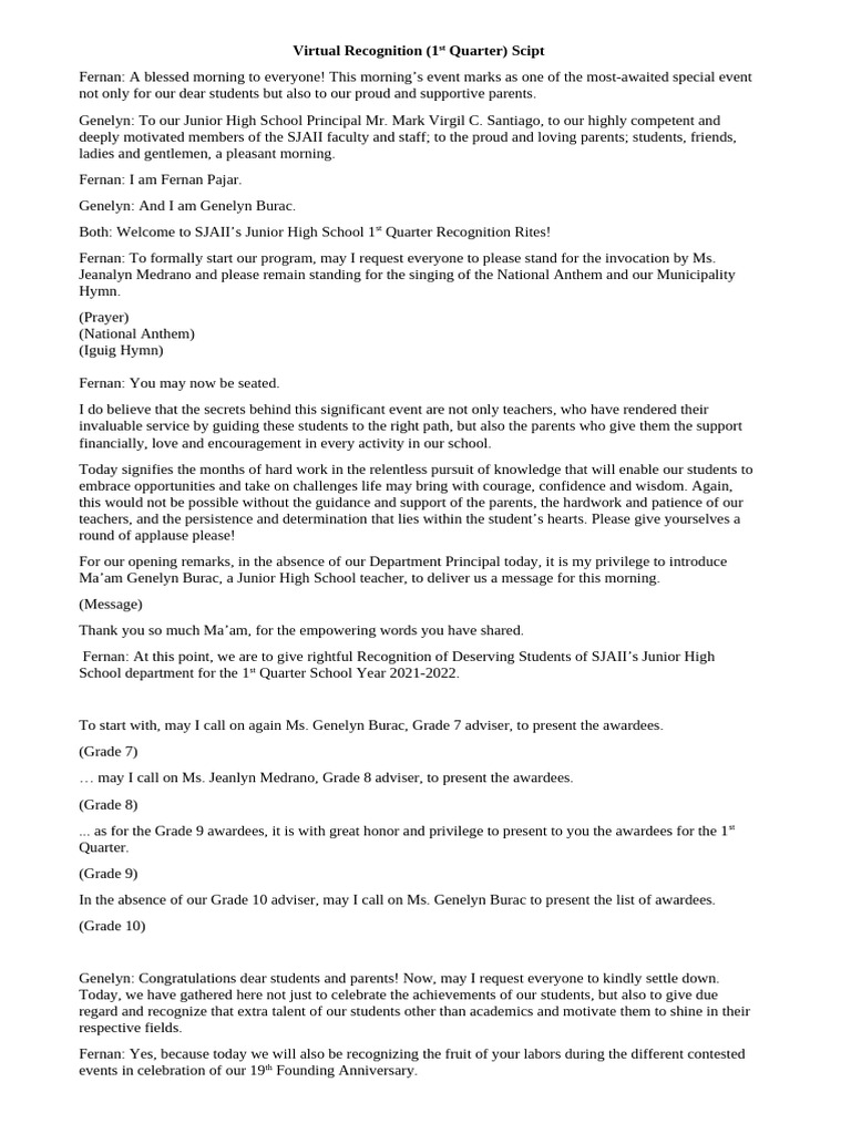 JHS Virtual Recognition-Script | PDF